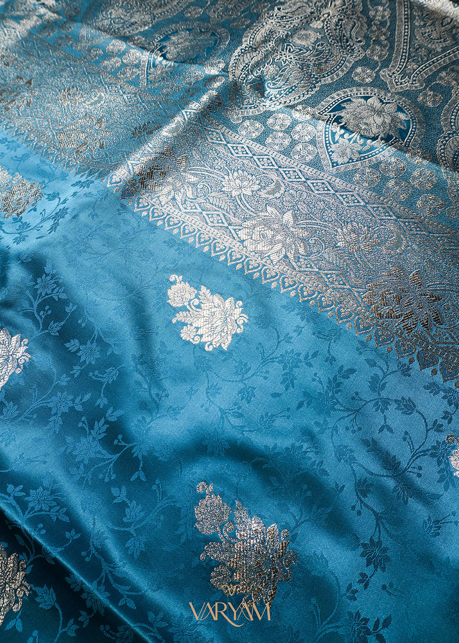 Strawberry Satin Silk Blue Saree – Varyam